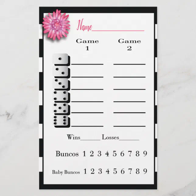 Bunco Black White Pink Flower Score Sheet | Zazzle