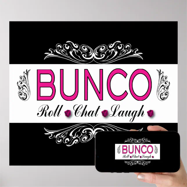 Bunco, Roll, Chat, Laugh In Pink, Black and White Poster | Zazzle