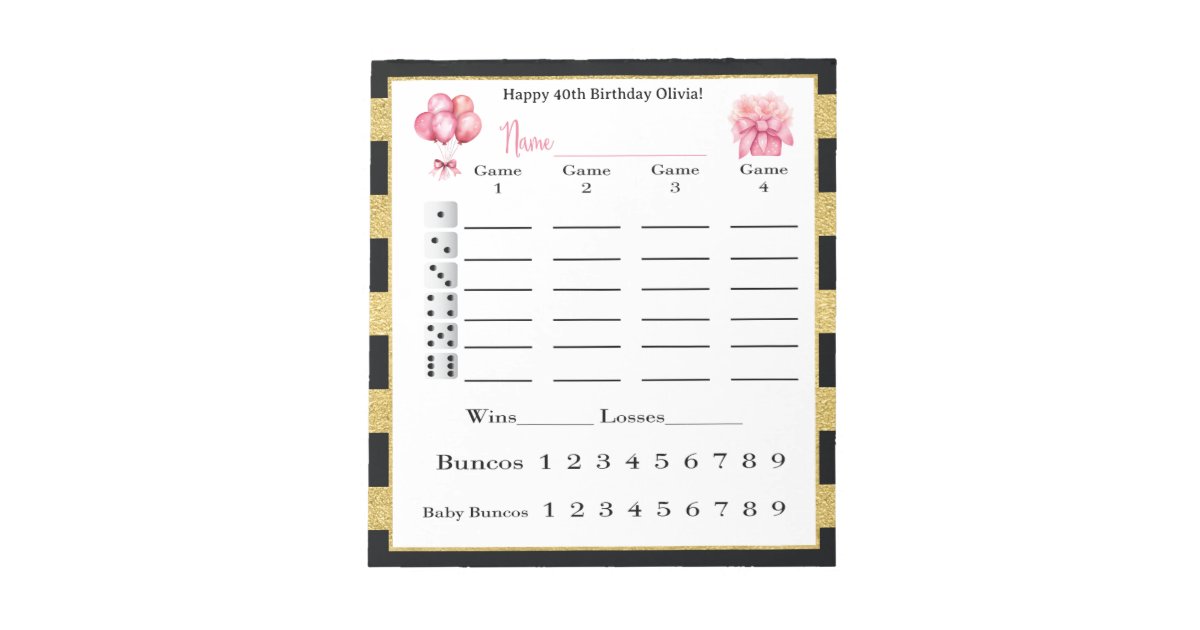 Bunco Score Sheets Black, Gold Birthday Notepad | Zazzle