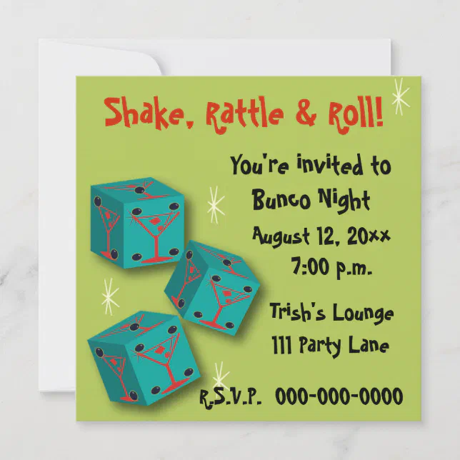 Bunco - Shake, Rattle & Roll Martini Dice Invite | Zazzle