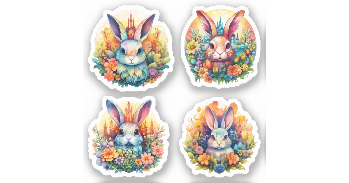 Bunnies with brown eyes in among flowers sticker | Zazzle