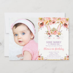 Bunny 1st Birthday Girls Floral Rabbit Photo Invitation | Zazzle