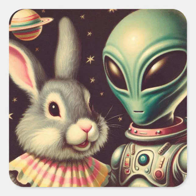 Bunny and Space Alien Retro Kitschy Sci Fi Sticker | Zazzle