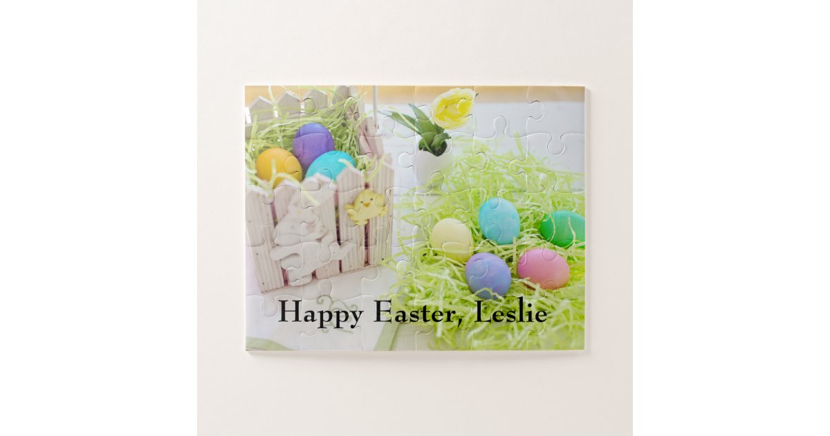 Bunny & chick figures on basket with Easter eggs, Jigsaw Puzzle | Zazzle