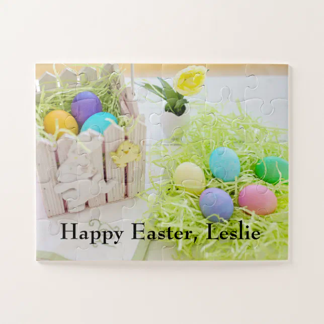 Bunny & chick figures on basket with Easter eggs, Jigsaw Puzzle | Zazzle