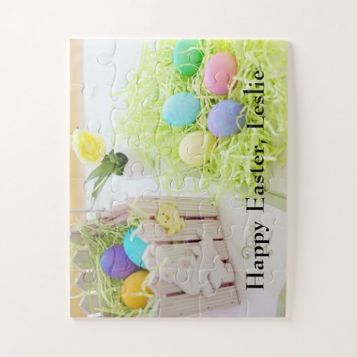 Bunny & chick figures on basket with Easter eggs, Jigsaw Puzzle | Zazzle