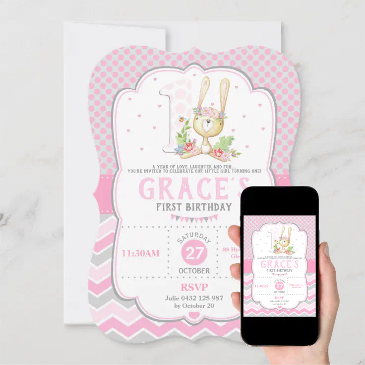 Bunny Rabbit 1st Birthday Invitation Pink Girl | Zazzle