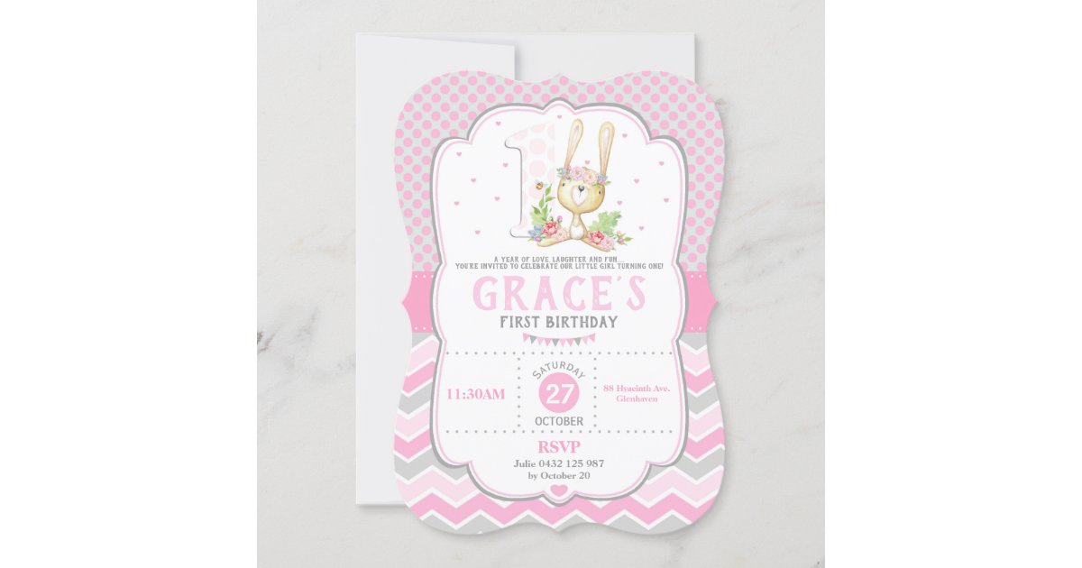 Bunny Rabbit 1st Birthday Invitation Pink Girl | Zazzle