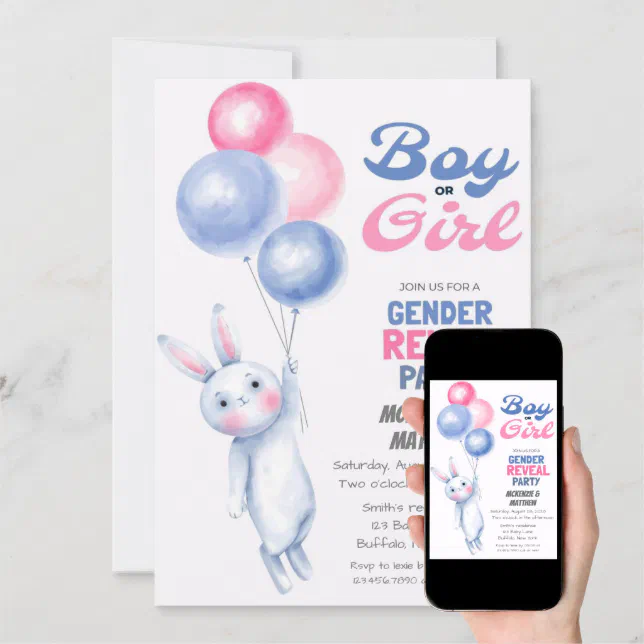 Bunny Rabbit and Balloon Gender Reveal Baby Shower Invitation | Zazzle