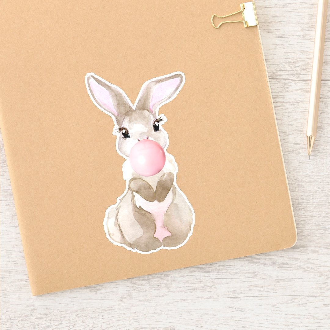 Bunny Rabbit Blowing Bubble Gum Cute Sticker | Zazzle