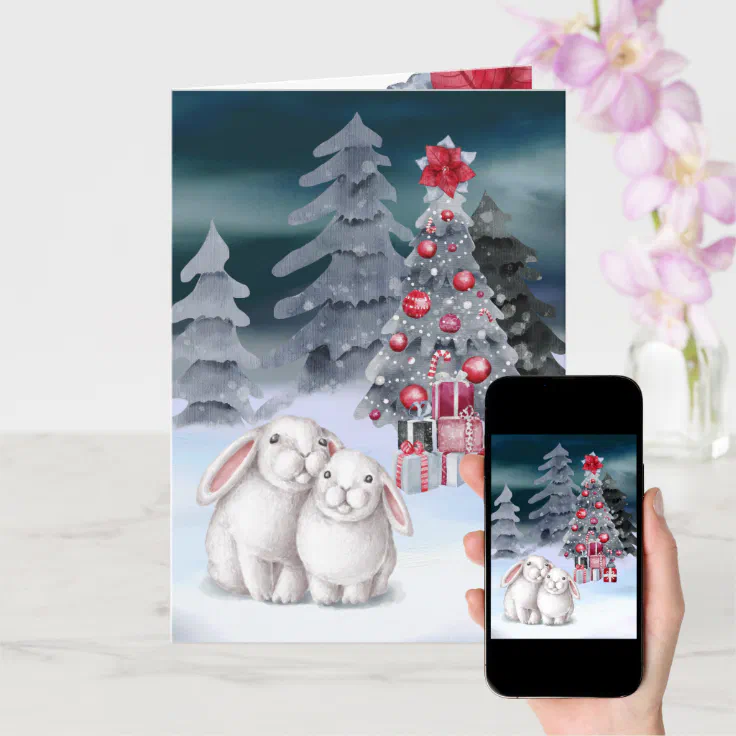 Bunny Rabbit Christmas Tree Scene Card | Zazzle