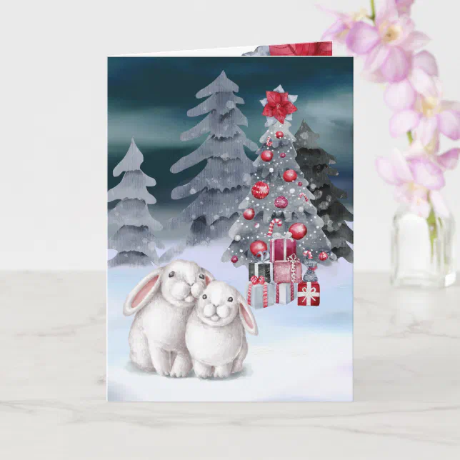 Bunny Rabbit Christmas Tree Scene Card | Zazzle
