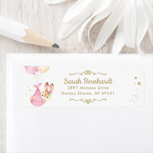 Bunny Rabbit Girl Baby Shower Return Address Label | Zazzle
