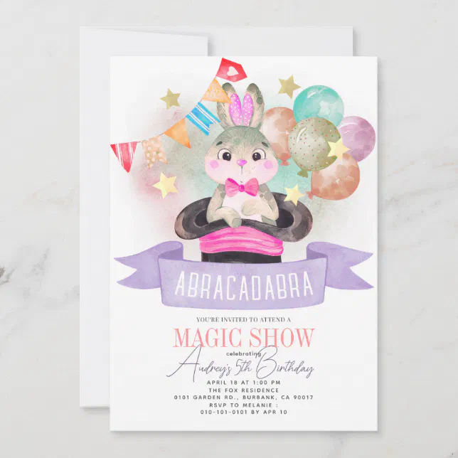 Bunny Rabbit Magician Magic Show Girl Birthday Invitation | Zazzle
