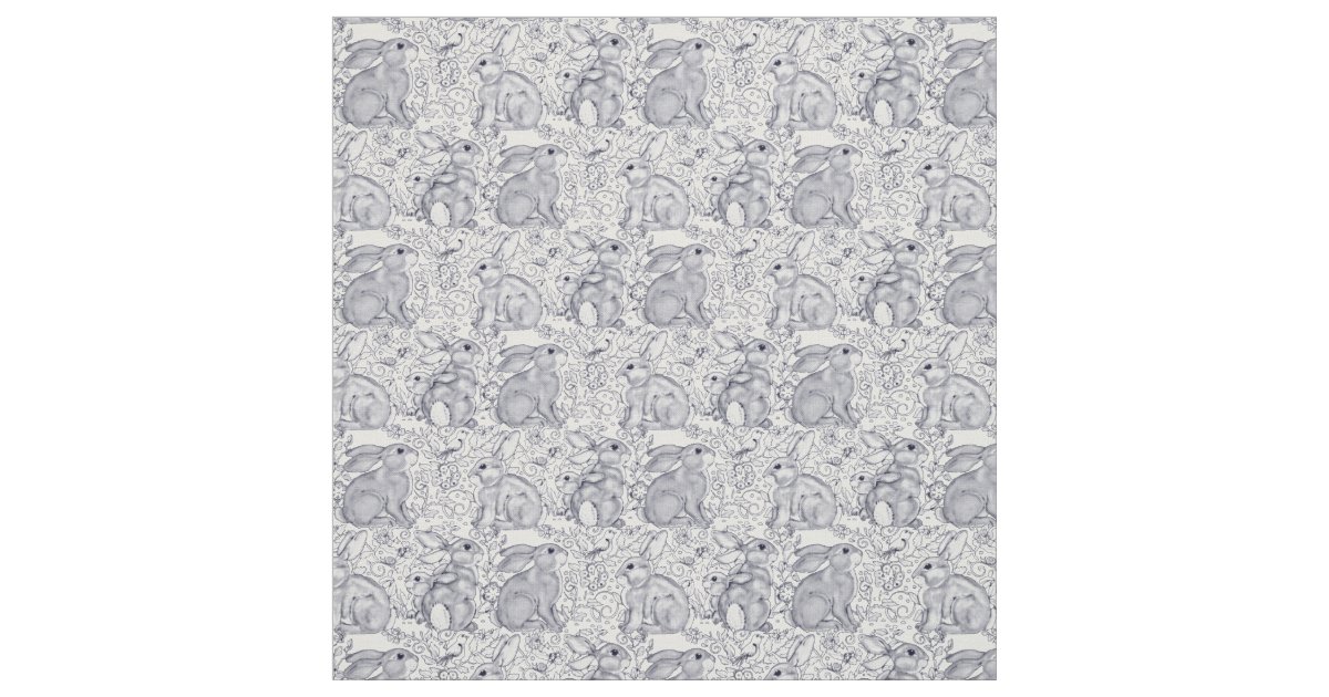 Bunny Rabbit Toile Pattern Blue & White Cute Decor Fabric | Zazzle