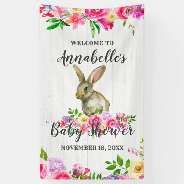 Bunny Rabbit Watercolor Floral Baby Shower Welcome Banner | Zazzle