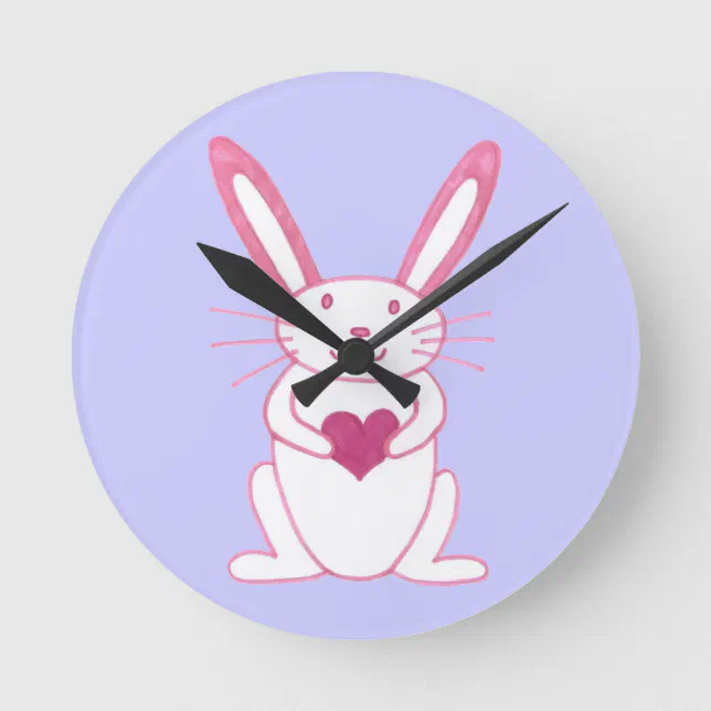 Bunny Rabbit with Heart Round Clock | Zazzle