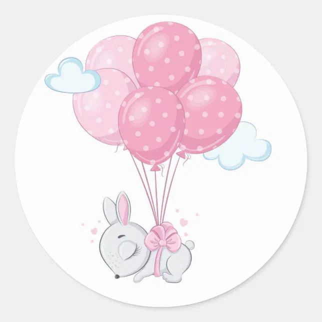 Bunny Rabbit with Pink Balloons Classic Round Sticker | Zazzle