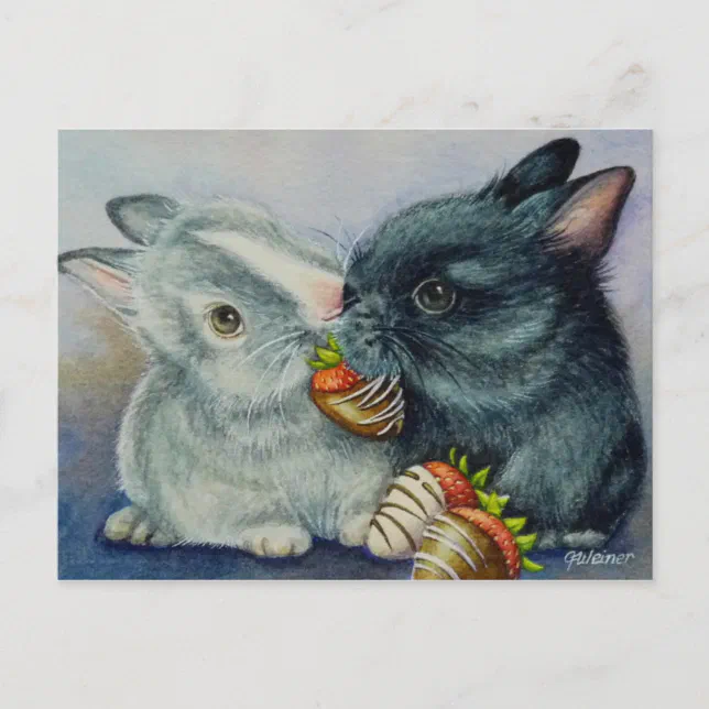 Bunny Rabbits & Dipped Strawberries Watercolor Art Postcard | Zazzle