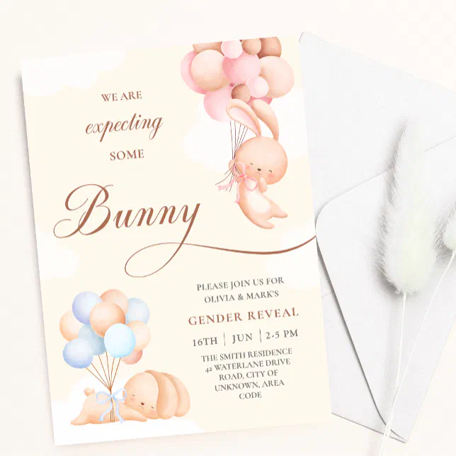 Bunny Rabbits with Blue Pink Balloon Gender Reveal Invitation | Zazzle