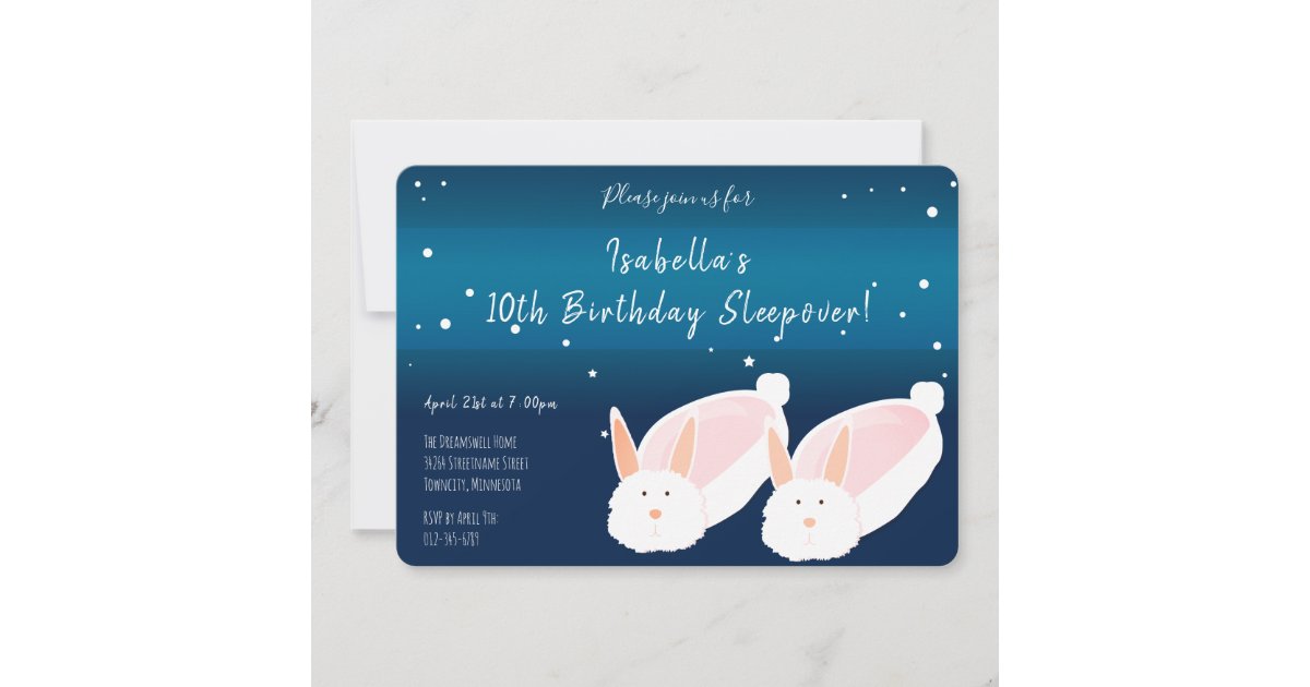Bunny Slippers Blue Background Birthday Sleepover Invitation | Zazzle