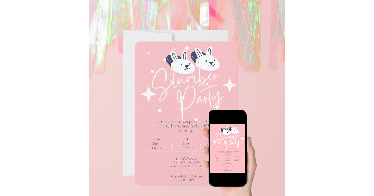 Bunny Slippers Slumber Party Sleepover Birthday Invitation | Zazzle
