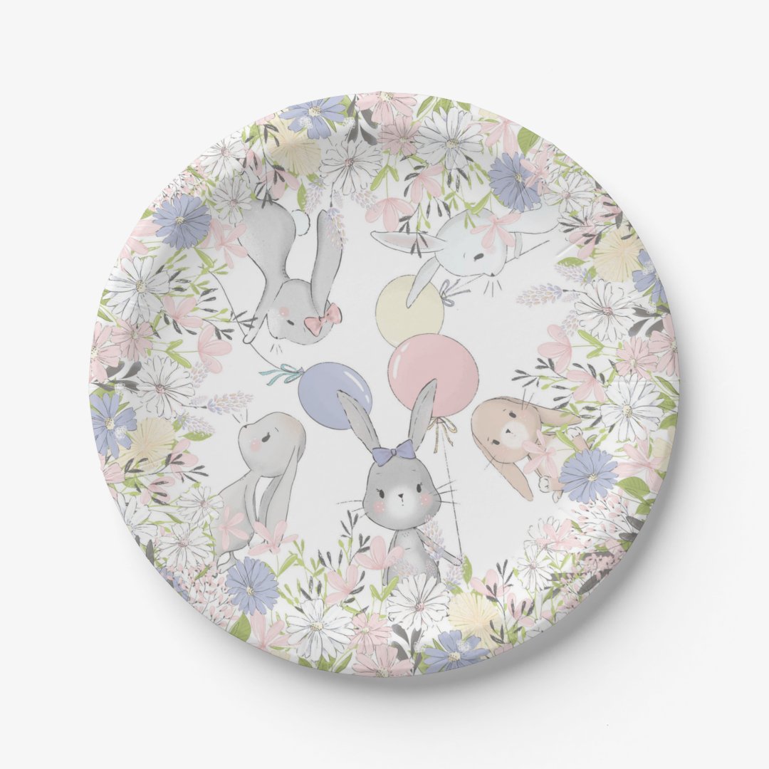 Bunny spring floral birthday party plates | Zazzle