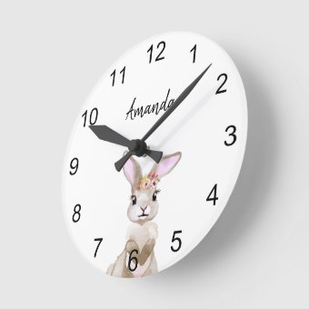 Bunny Watercolor Woodland Animals Children's Room Round Clock | Zazzle