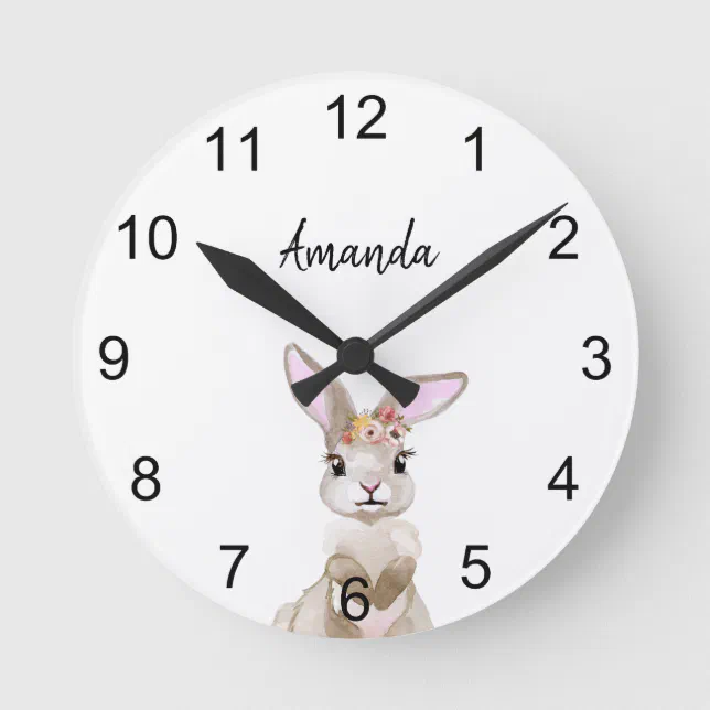 Bunny Watercolor Woodland Animals Children's Room Round Clock | Zazzle