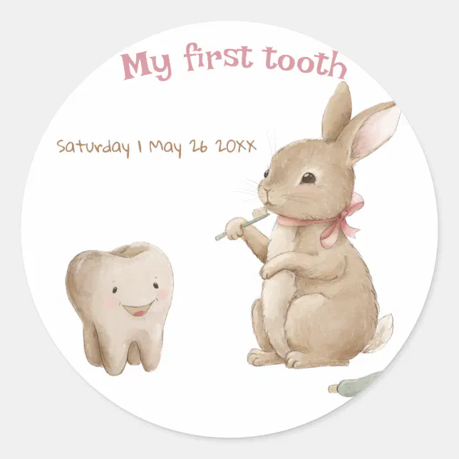 Bunny's girl First Tooth Party Classic Round Sticker | Zazzle