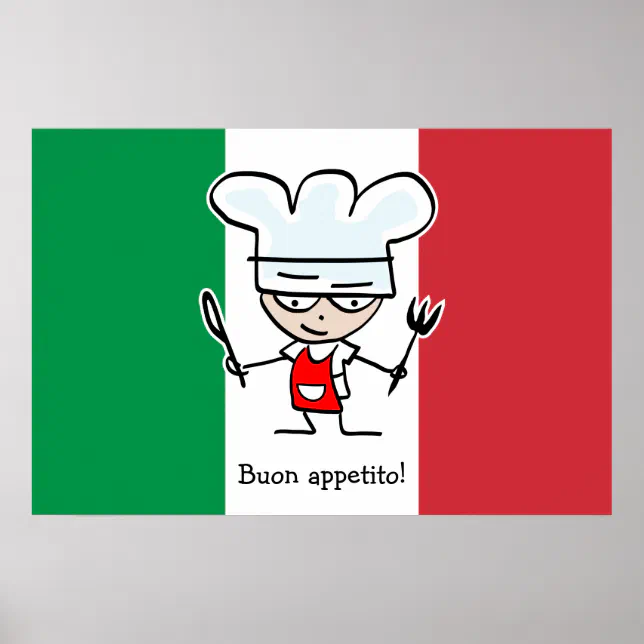 Buon Appetito poster with cartoon on italian flag | Zazzle