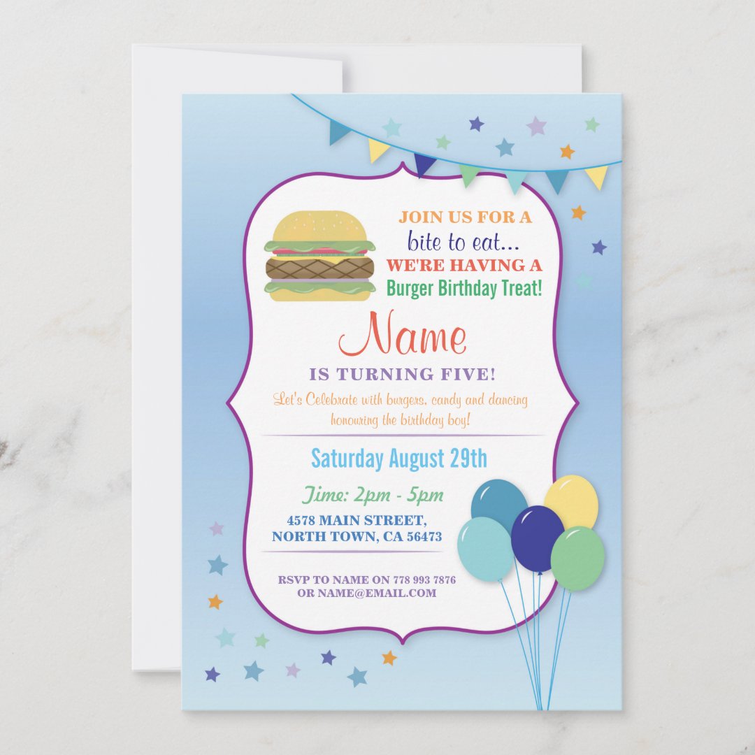 Burger Birthday Party Blue Balloon Birthday Invite | Zazzle