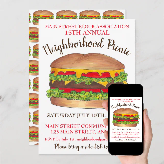 Burger Hamburger Cheeseburger Picnic Cookout Party Invitation | Zazzle