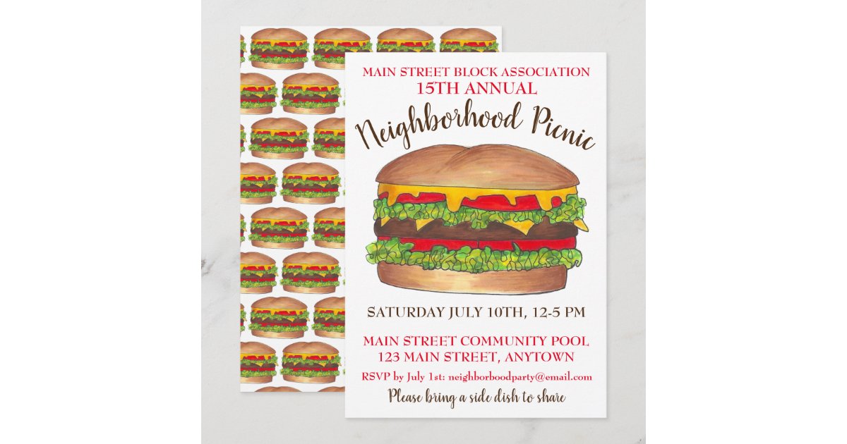 Burger Hamburger Cheeseburger Picnic Cookout Party Invitation | Zazzle