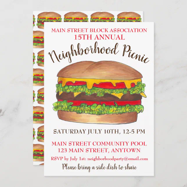 Burger Hamburger Cheeseburger Picnic Cookout Party Invitation | Zazzle
