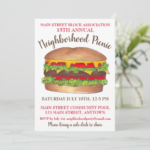 Burger Hamburger Cheeseburger Picnic Cookout Party Invitation | Zazzle