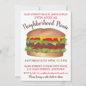 Burger Hamburger Cheeseburger Picnic Cookout Party Invitation | Zazzle