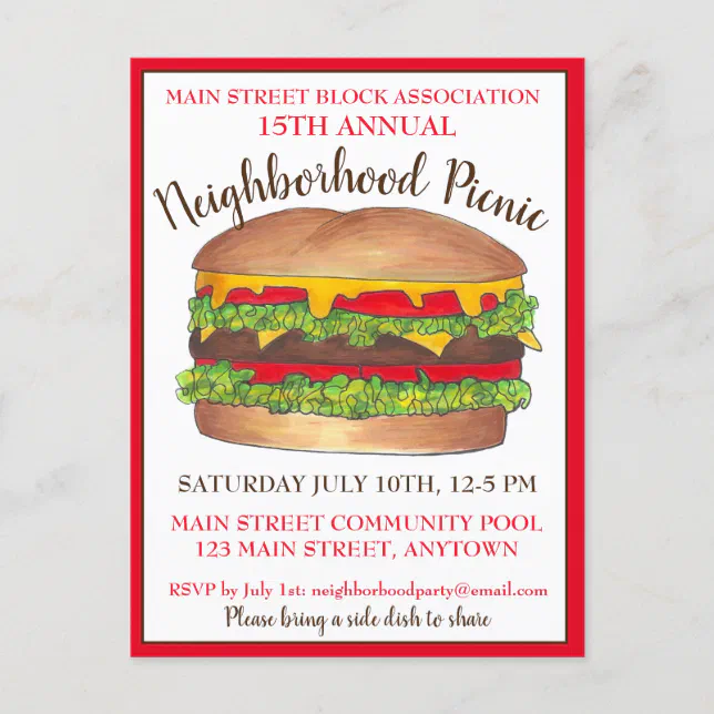 Burger Hamburger Cheeseburger Picnic Cookout Party Invitation Postcard ...