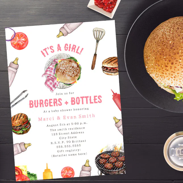 Burgers + Bottles Cookout Girl Baby Shower Invitation | Zazzle