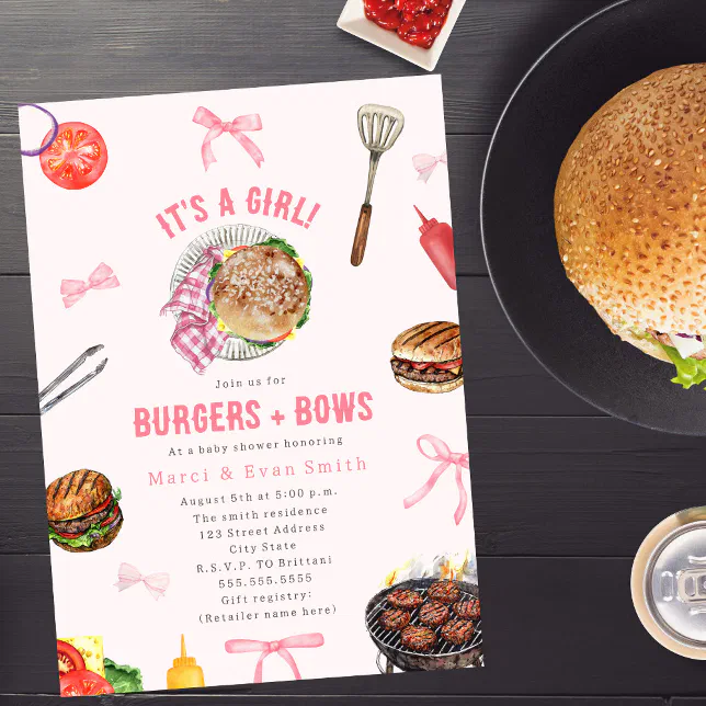 Burgers + Bows Cookout Girl Baby Shower Invitation | Zazzle