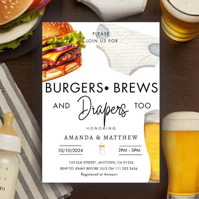 Burgers, Brews Diapers Casual Couple Baby Shower Invitation | Zazzle