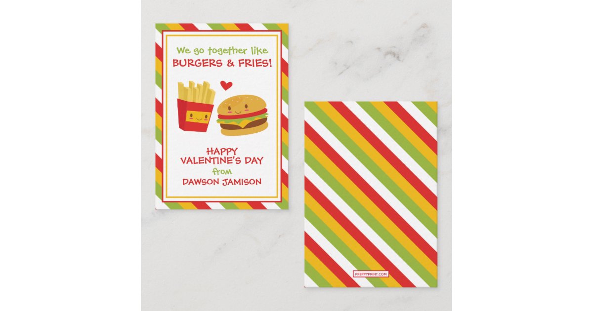 Burgers & Fries Valentine's Classroom Cards | Zazzle