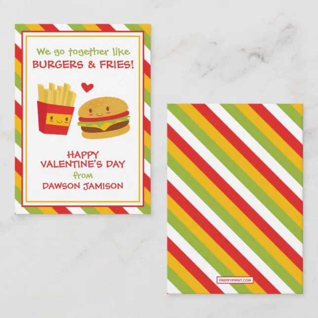 Burgers & Fries Valentine's Classroom Cards | Zazzle