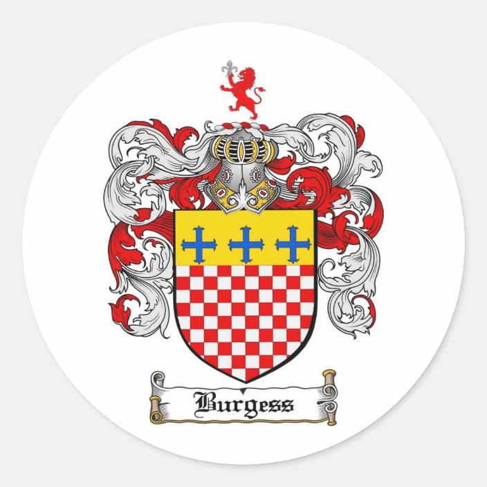 BURGESS FAMILY CREST - BURGESS COAT OF ARMS CLASSIC ROUND STICKER ...