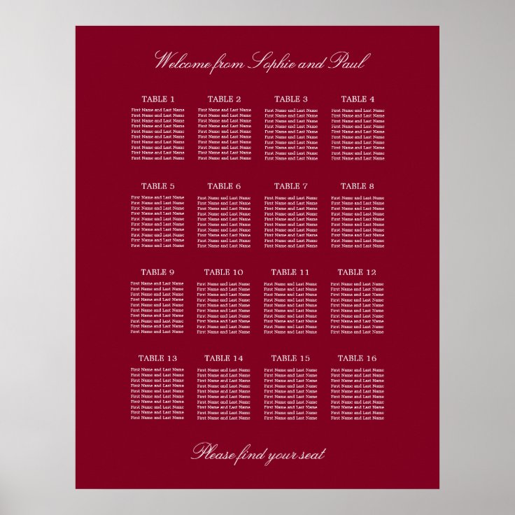 Burgundy 16 Table Wedding Seating Chart Poster | Zazzle