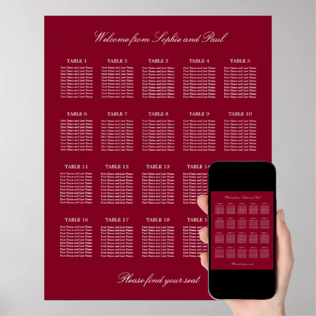 Burgundy 20 Table Wedding Seating Chart Poster | Zazzle