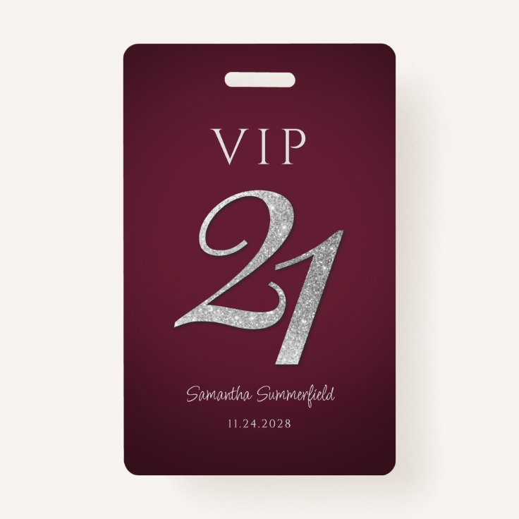 Burgundy 21st Birthday Silver Glitter VIP Badge | Zazzle