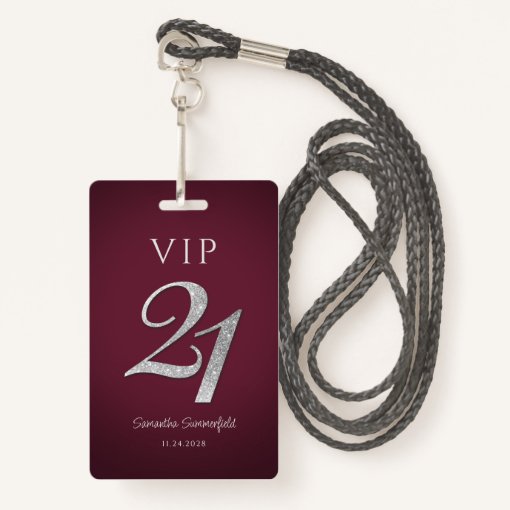 Burgundy 21st Birthday Silver Glitter VIP Badge | Zazzle
