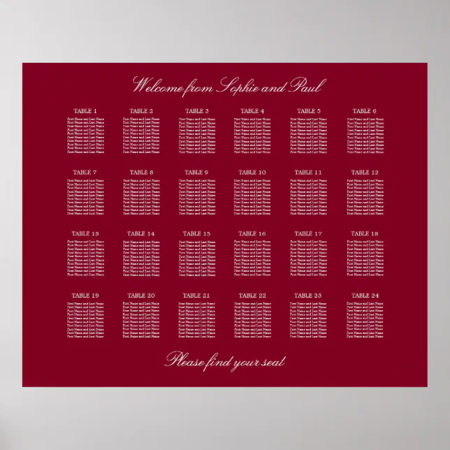 Burgundy 24 Table Wedding Seating Chart Poster | Zazzle