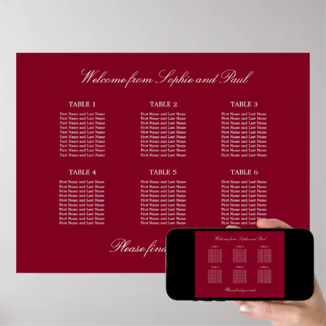 Burgundy 6 Table Wedding Seating Chart Poster | Zazzle